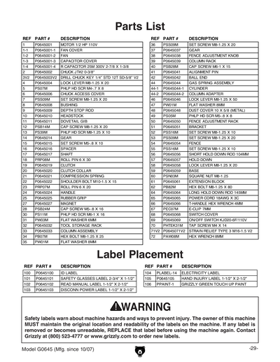 Parts for G0645 1/2 HP Benchtop Mortising Machine - Grizzly Industrial ...